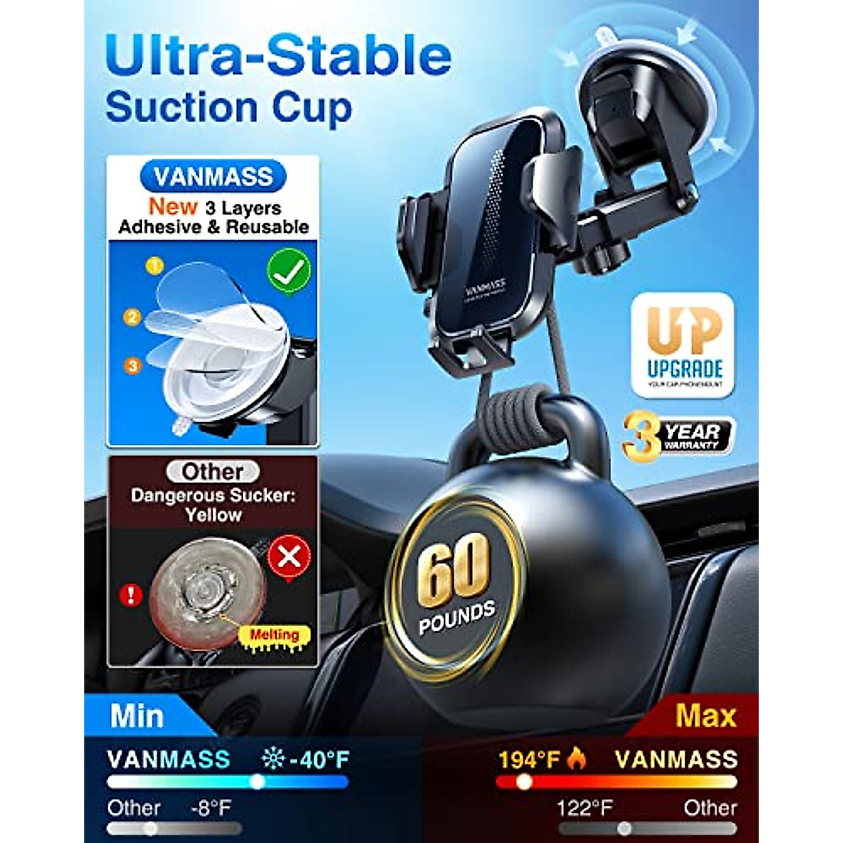 VANMASS 2023 Latest Upgraded Car Phone Holder Mount, [Super Suction & Stable] Phone Mount for Car Dashboard/Vent/Windshield, Car Phone Holder for iPhone 14/13/12/Pro/Max & Truck