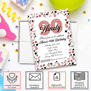 Amanda Creation Confetti Rose Gold Polka Dot 90th Birthday Party Invitations, 20 5x7 Fill-In Cards with Twenty White Envelopes