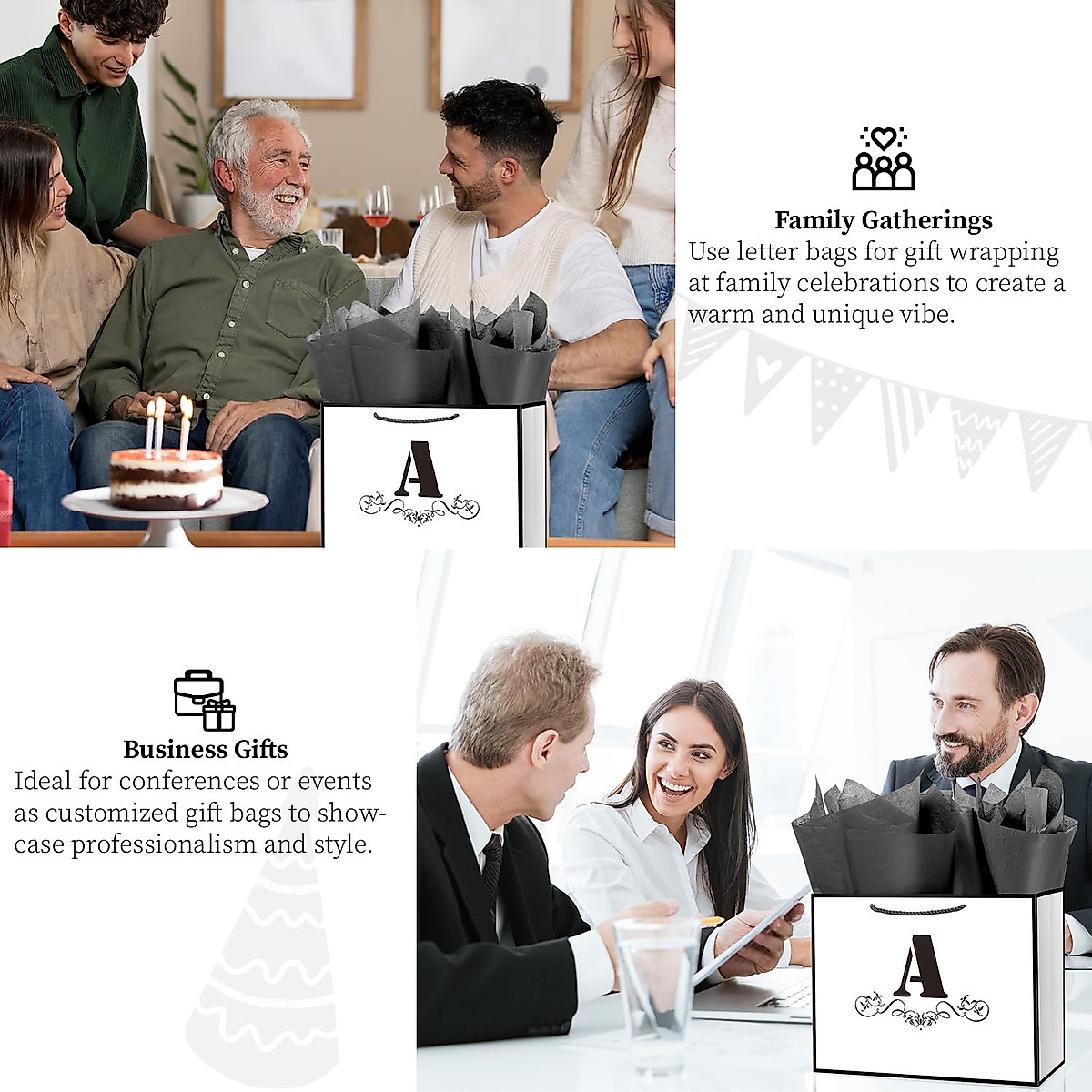 ysmile Letter Gift Bag with Wrapping Tissue for Men Women, 12" Large White Black Paper Bag for Birthday Anniversary - Single A