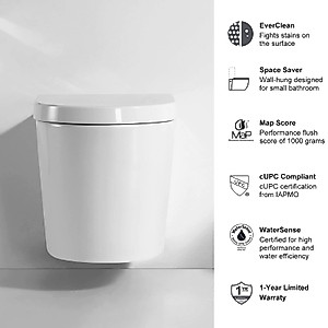 HOROW Wall Hung Toilet HR-TG02W, Compact Wall Mounted Toilet with Soft Closing Seat, 1.6 GPF/1.1 GPF Dual Flush Ceramic Round Wall Toilet for Bathroom, White Toilet Bowl