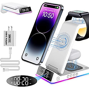 Wireless Charging Station, 3 in 1 Wireless Charger [With Alarm/Clock/Night Light]15W Wireless Charging Dock Stand for iPhone 14/13/12/11,Samsung Phones,Apple Watch Series & Airpods (with 30W Adapter)
