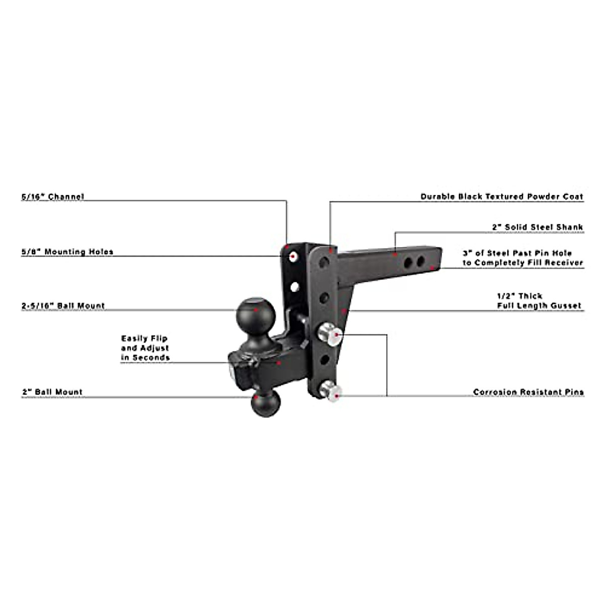 BulletProof Hitches 2.0" Adjustable Extreme Duty (30,000lb Rating) 6" Drop/Rise Trailer Hitch with 2" and 2 5/16" Dual Ball (Black Textured Powder Coat, Solid Steel)