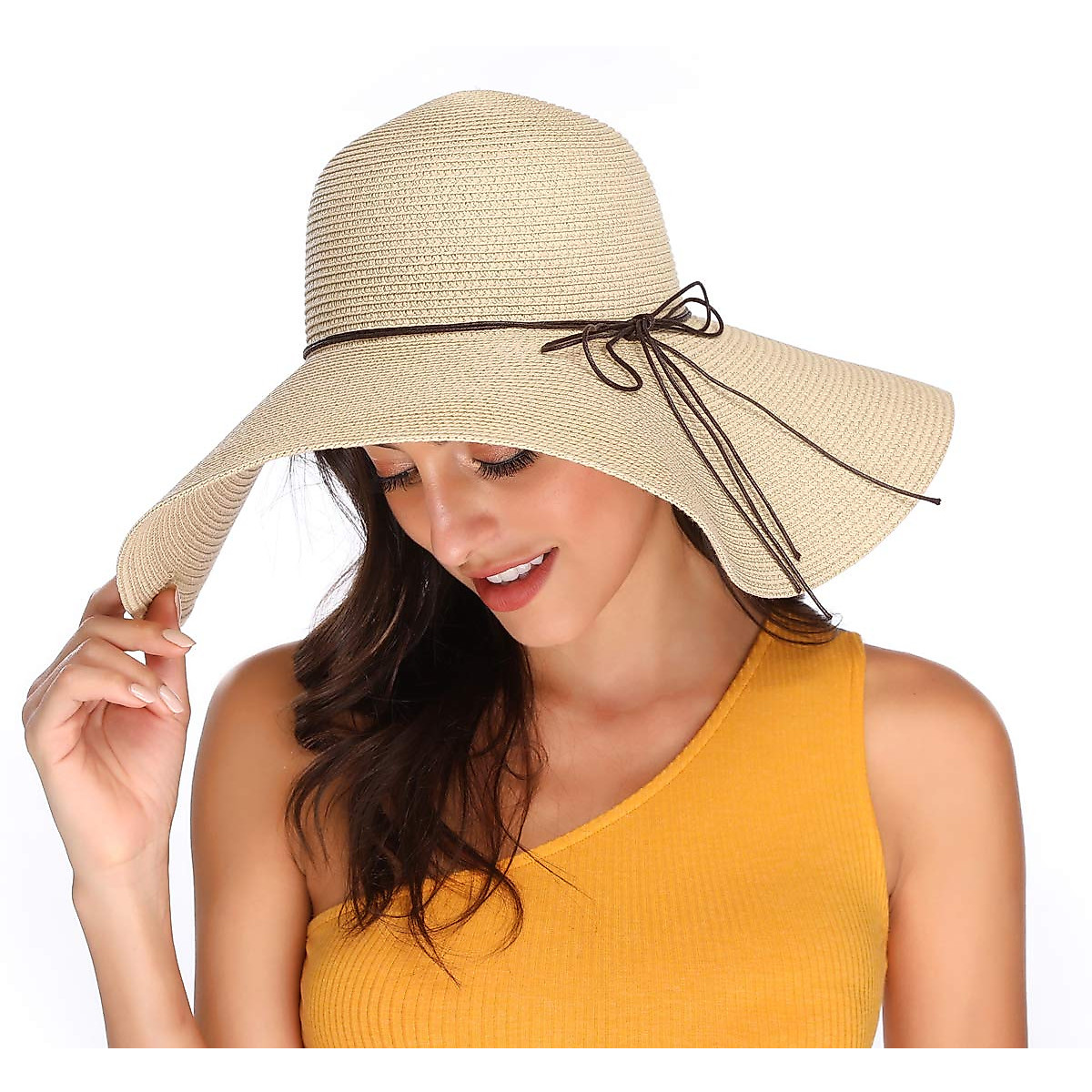 Lanzom Womens Wide Brim Straw Hat Big Floppy Foldable Roll up Cap Beach Sun Hat UPF 50+(String-Beige)