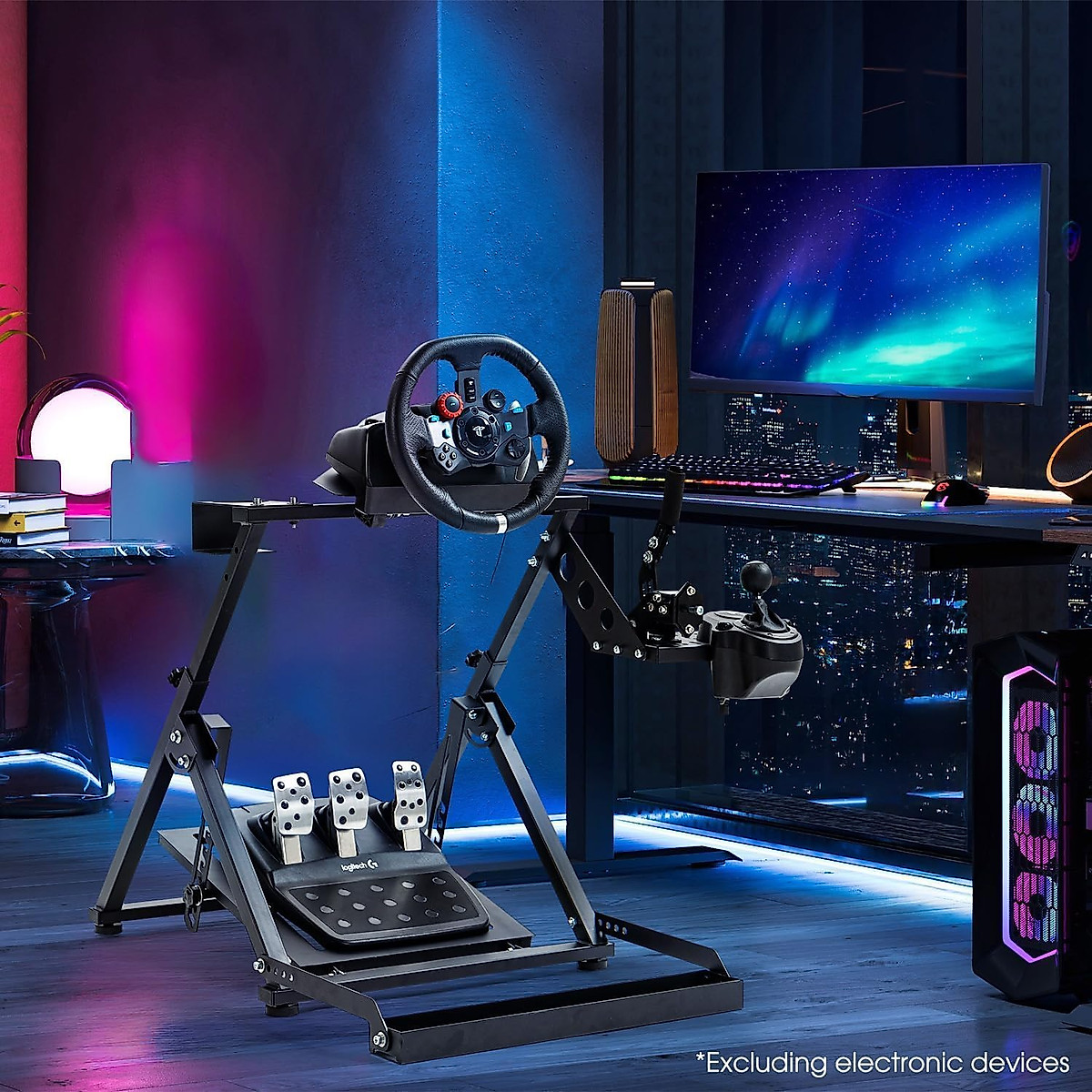 Hottoby X-Shaped Foldable Racing Steering Wheel Stand With Seat Fixing Slot and Water Cup Holder Fit for Logitech/Thrustmaster/Moza G29, G920, G923, T300RS Adjustable Racing Simulator Cockpit No Wheel