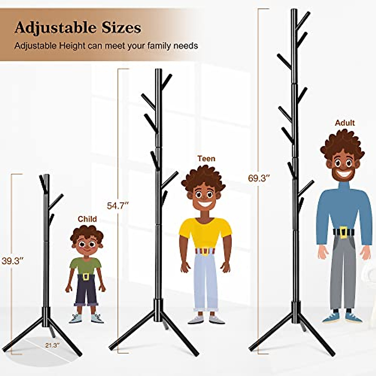 NicQliear Wooden Freestanding Coat Rack with 9 Hooks, Adjustable Coat Rack Stand 69.3" to Hang Clothes/Bags/Hats, Standing Coat Tree Perfect for Bedroom/Entryway/Hallway, Easy Assembly, Black