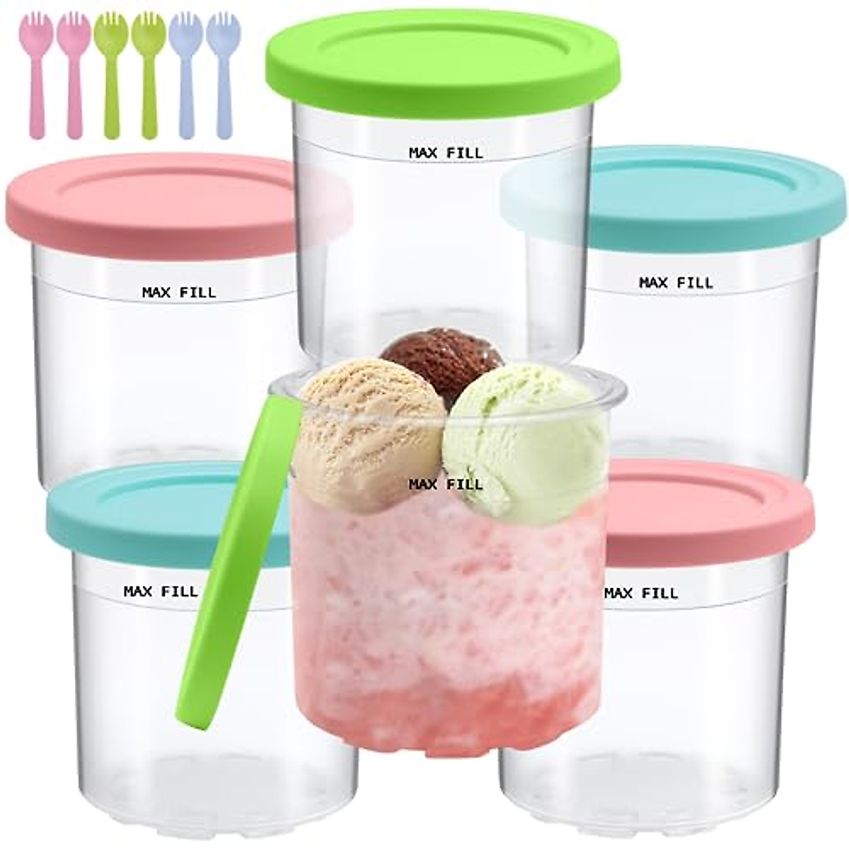ZOCONE 6 Pack Ice Cream Pint Containers and Lid Compatible with Ninja Creami XSKPLID2CD NC299AMZ NC300 NC301 Series Ice Cream Maker, Airtight, Dishwasher Safe, BPA-Free Ice Cream Containers
