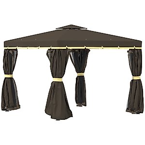 Outsunny 10' x 10' Patio Gazebo, Aluminum Frame Double Roof Outdoor Gazebo Canopy Shelter with Netting & Curtains, for Garden, Lawn, Backyard and Deck, Coffee