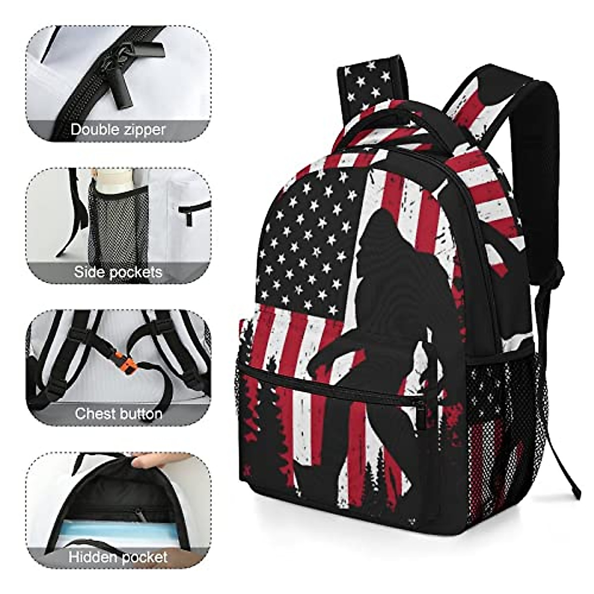 Bigfoot and American Flag Laptop Backpack Fashion Shoulder Bag Travel Daypack Bookbags for Men Women