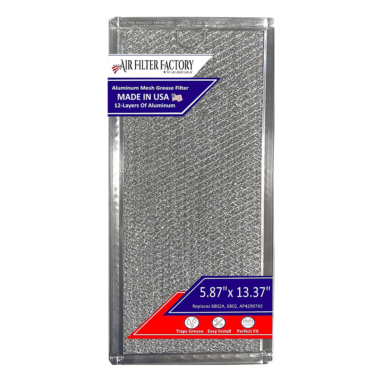 Air Filter Factory Replacement For 6802A, 4393862, WB06X10596, 439369, 20-6802, W10187748, 206801 Whirlpool 5.87 x 13.37 x 0.09 Inches Microwave Oven Filter Aluminum Mesh Grease 12-Layer Vent Filter