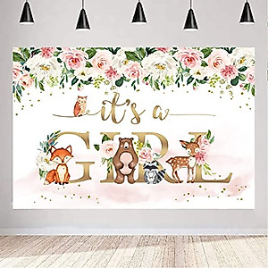 Aperturee It's a Girl Woodland Animals Baby Shower Backdrop 5x3ft Jungle Animals Watercolor Pink Floral Flower Photography Background Newborn Party Decorations Photo Booth Studio Props Banner Supplies