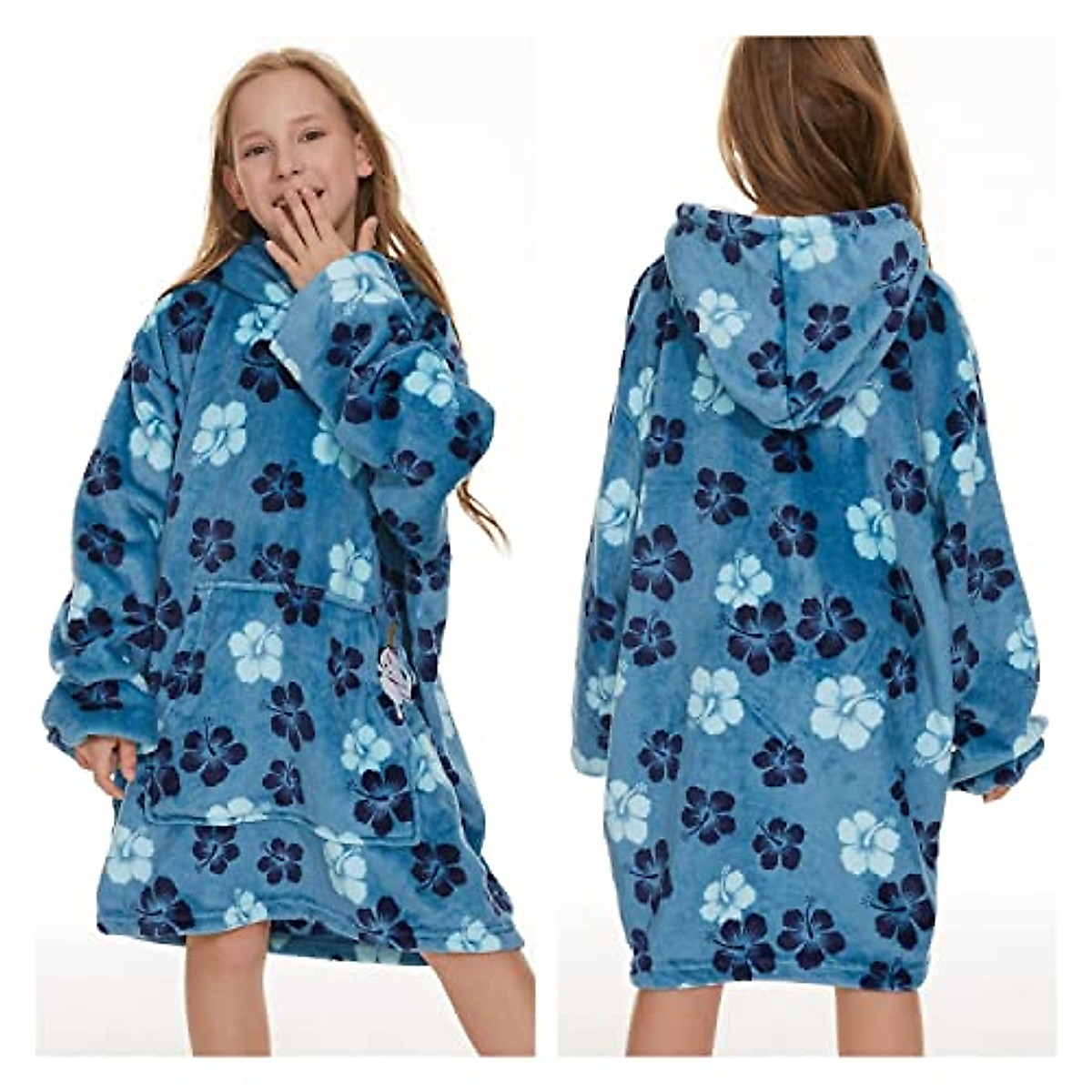 WXCTEAM Oversized Wearable Blanket Hoodie for Women and kids, Lilo Flannel Throw Blanket Sweatshirt with Tropical Flowers Hibiscus (Blue, Adult Onesize)