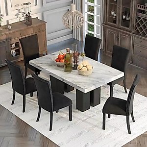 RUNWON 7-Piece Luxury Kitchen Set-Faux Marble Dining Rectangular Table and 6 Upholstered-Seat Chairs, Black