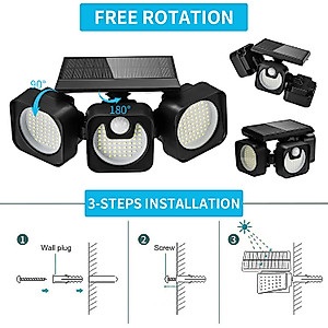 Solar Lights Outdoor 3 Head Motion Sensor Solar Powered Lights 218 LED Security LED Flood Lights IP65 Waterproof 270° Wide Angle Illumination Wall Lights with 3 Modes for Garden Patio Yard 2 Packs