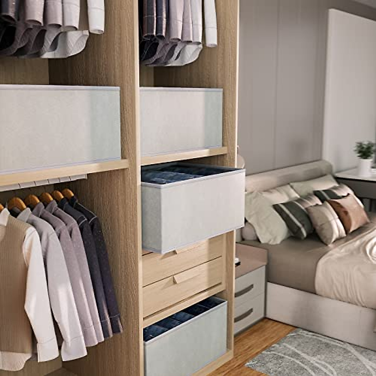 DIMJ Large Wardrobe Clothes Organizer, 6 Cells Large Jeans Organizers, Foldable Clothing Drawer Organizers, Closet Organizers and Storage Bins for Clothes, Jeans, Wardrobe, 2 Packs (Grey)