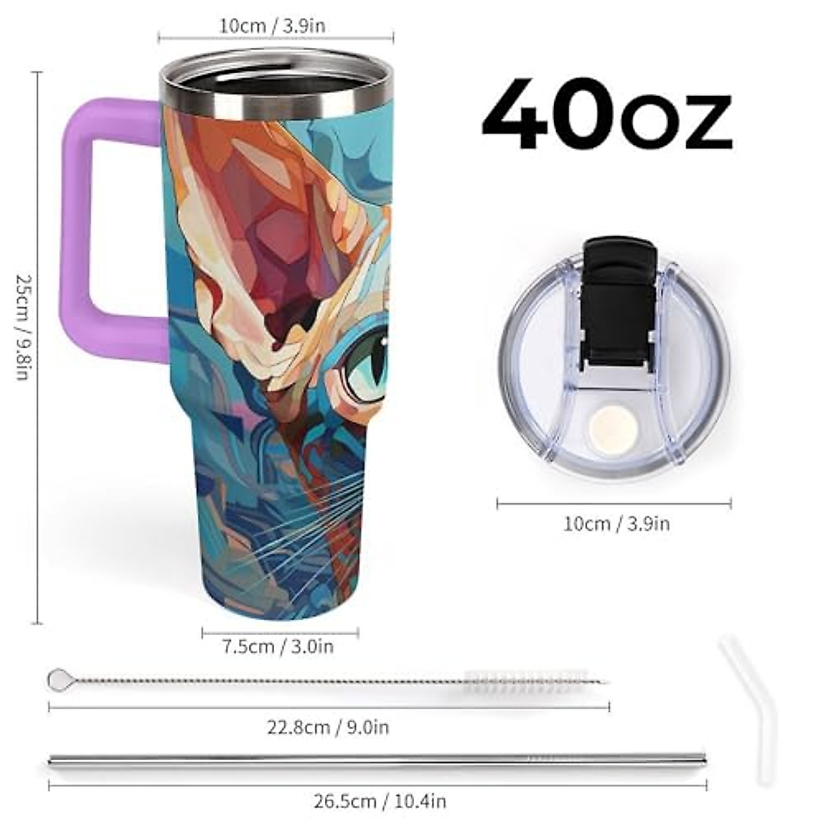 Sphynxs Cat Print 40 Oz Car Cup Stainless Steel Travel Mug Leak-Proof Insulated Tumbler with Handle Violet-style