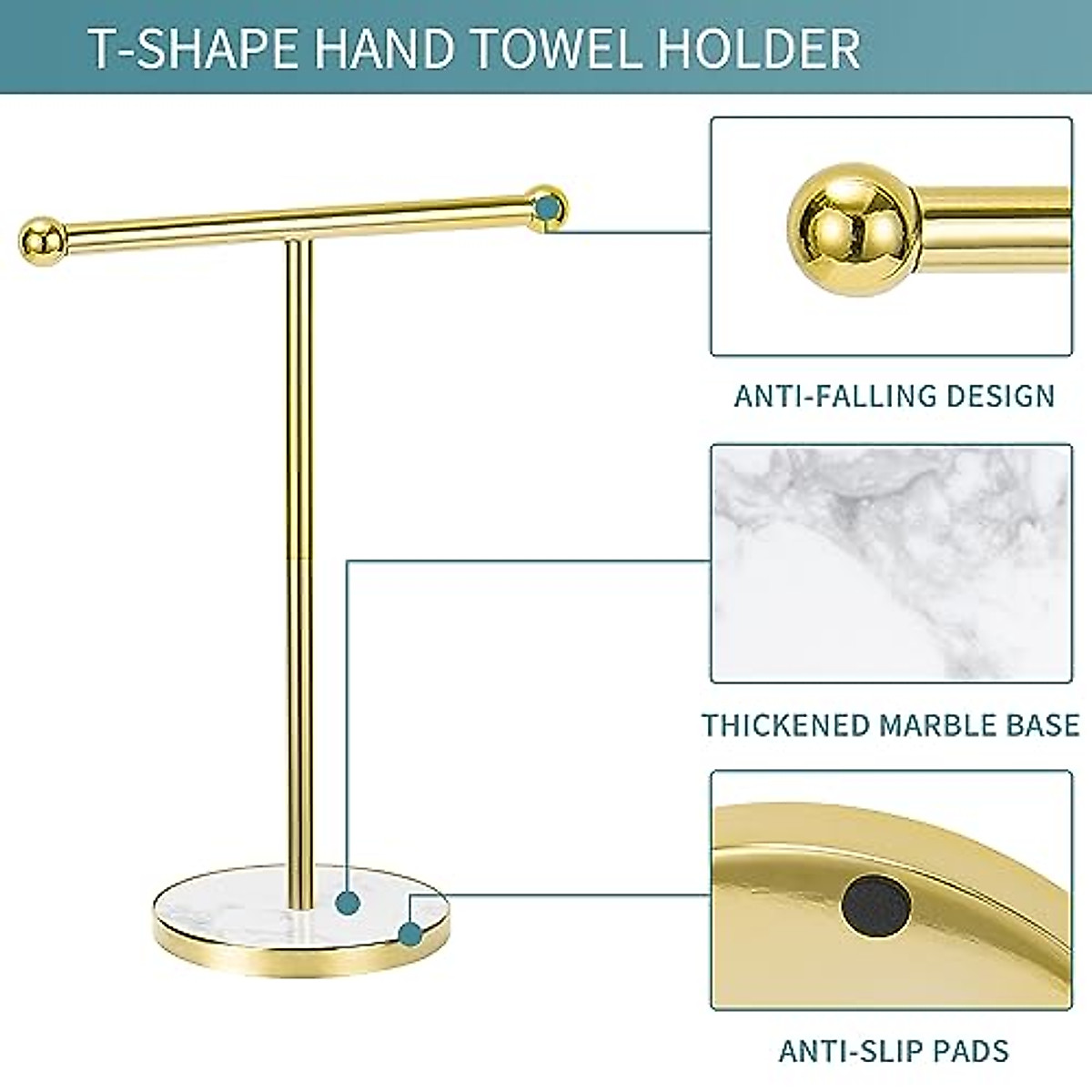 YINMIT Hand Towel Holder Stand, Bathroom Countertop Towel Rack with Marble Base, Freestanding Kitchen Towel Rack, Heavy Duty T-Shape Face Towel Stand for Bathroom, Kitchen, Vanity