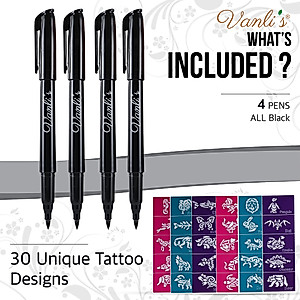Vanli's Temporary Tattoo Markers for Skin With 30 Unique Tattoo Stencils. Black Tattoo Pens for Skin Temporary. Skin Safe, Great Stocking Stuffer For Kids, Teens and Adults