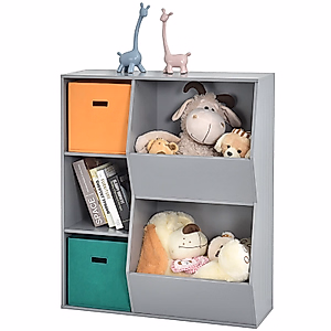 GLOBALWAY 5-Cube Kids Toy Storage Cabinet, Freestanding Children Bookcase w/ 2 Foldable Storage Bins, Open Multi-purpose Storage Display Organizer for Kids Room, Play Room, Hallway, Nursery