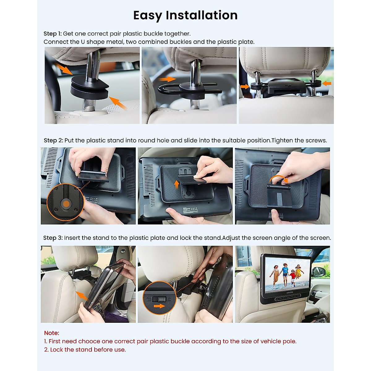 WONNIE 12" Headrest DVD Player Portable for Car, Support 1080P/MP4 Video with HDMI Input/Output, Mounting Bracket, AC Adapter, Car Charger, AV Out, USB Card Reader, Last Memory