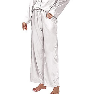 LYANER Women's Satin Silky Pajama Set Long Sleeeve Top With Long Pants Set PJ Loungewear White Small