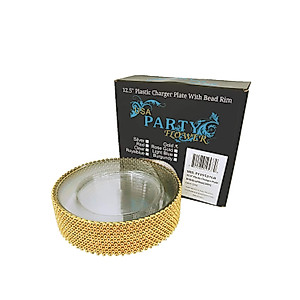 USA Party Flower Elegant Clear Acrylic(Plastic) Charger Plate with Bead Rim, Set of 12 (12.5 inch) (Gold)