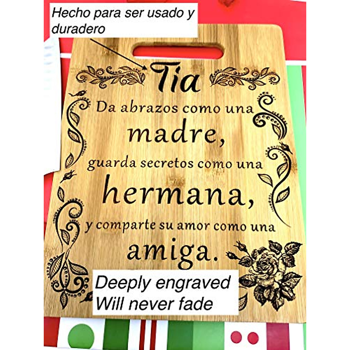Regalo para tia: tabla de cortar de bambú grabada (22 x 30 cm) Gift for aunt in Spanish-Engraved bamboo cutting board 9"x12"
