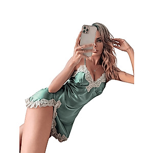 SweatyRocks Women's Lace Split Lingerie Criss Cross Nightgown Satin Sleepwear Dress Babydoll Teddy Lingerie Dress Green S
