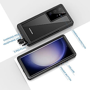 Lanhiem Samsung Galaxy S23 Ultra Case, IP68 Waterproof Dustproof, Built-in Screen Protector, Rugged Full Body Shockproof Protective Cover for Galaxy S23 Ultra 5G 6.8 Inch, Black/Clear
