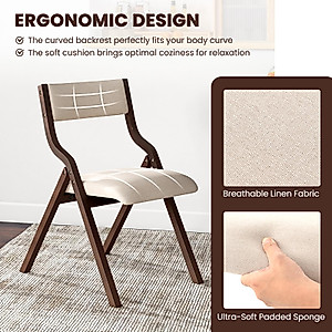 Giantex Folding Dining Chairs Set of 2, No Assembly Folding Chairs w/Linen Padded Seats, Wood Foldable Kitchen Chairs, Easy to Store Extra Event Chairs, Padded Folding Chair for Wedding Guests Party
