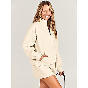 ANRABESS Women Two Piece Outfits 2023 Fall Clothes Set Sweatsuit Oversized Half Zipper Fleece Sweatshirt Casual Comfy Short Lounge Matching 1030mibai-S