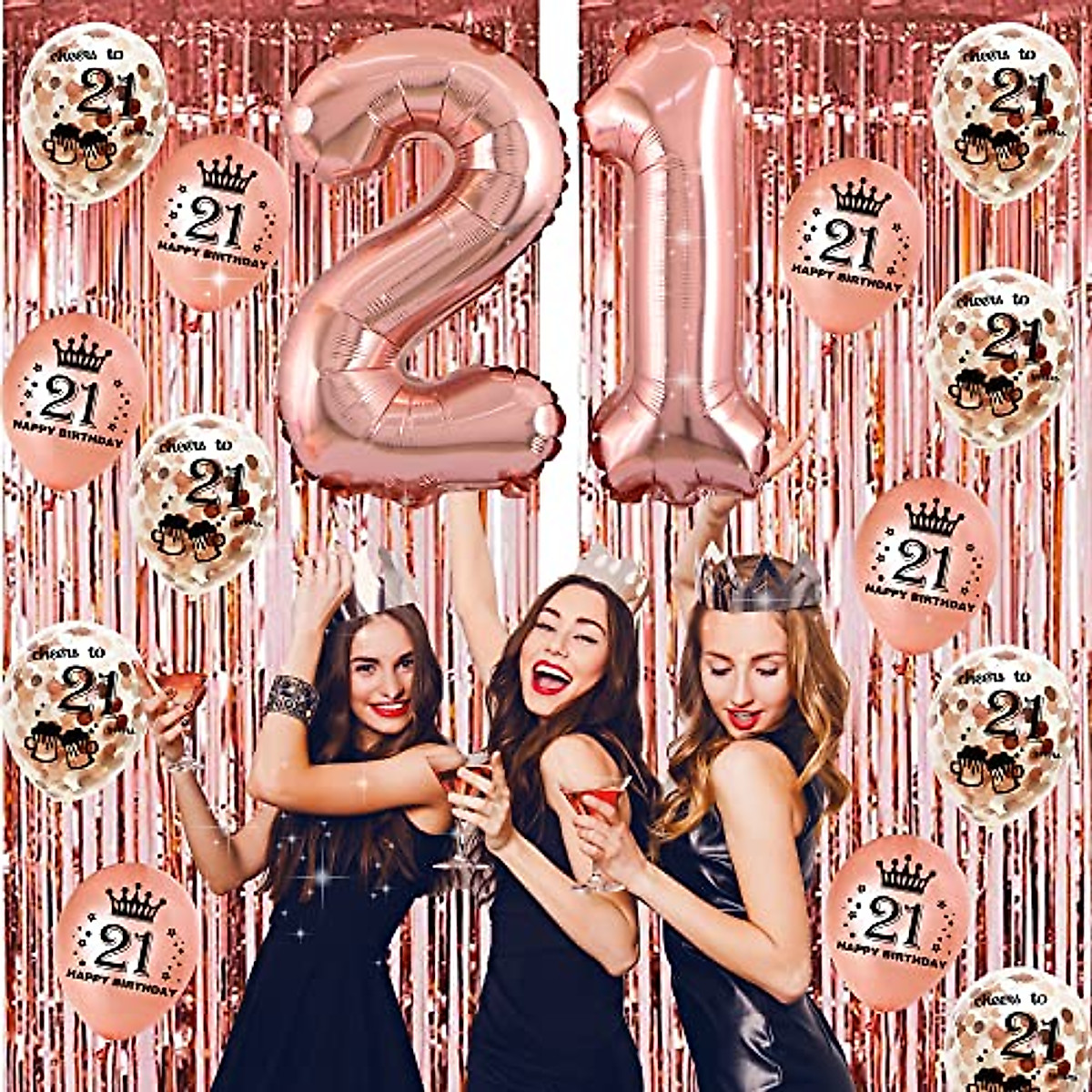 21st Birthday Decorations for her - (76pack) Rose Gold Party Banner, Pennant, Hanging Swirl, Birthday Balloons, Foil Backdrops, Cupcake Topper, Plates, Photo Props, Birthday Sash for Women Gift