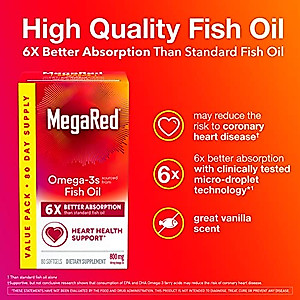 MegaRed Omega 3 Fish Oil Supplement 800mg (per Serving), Advanced 6X Absorption EPA & DHA Omega 3 Fatty Acid Softgels (80cnt Box), Phopholipids, Supports Brain Eye Joint & Heart Health