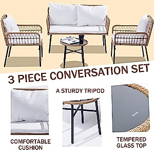 Homsido Patio Furniture Set 4 Pieces Small Boho Outdoor Rattan Woven Chairs Wicker Sofa Garden Conversation Balcony Bistro Sets for Yard,Pool or Backyard,Front Porch(Beige Wicker White Cushions)