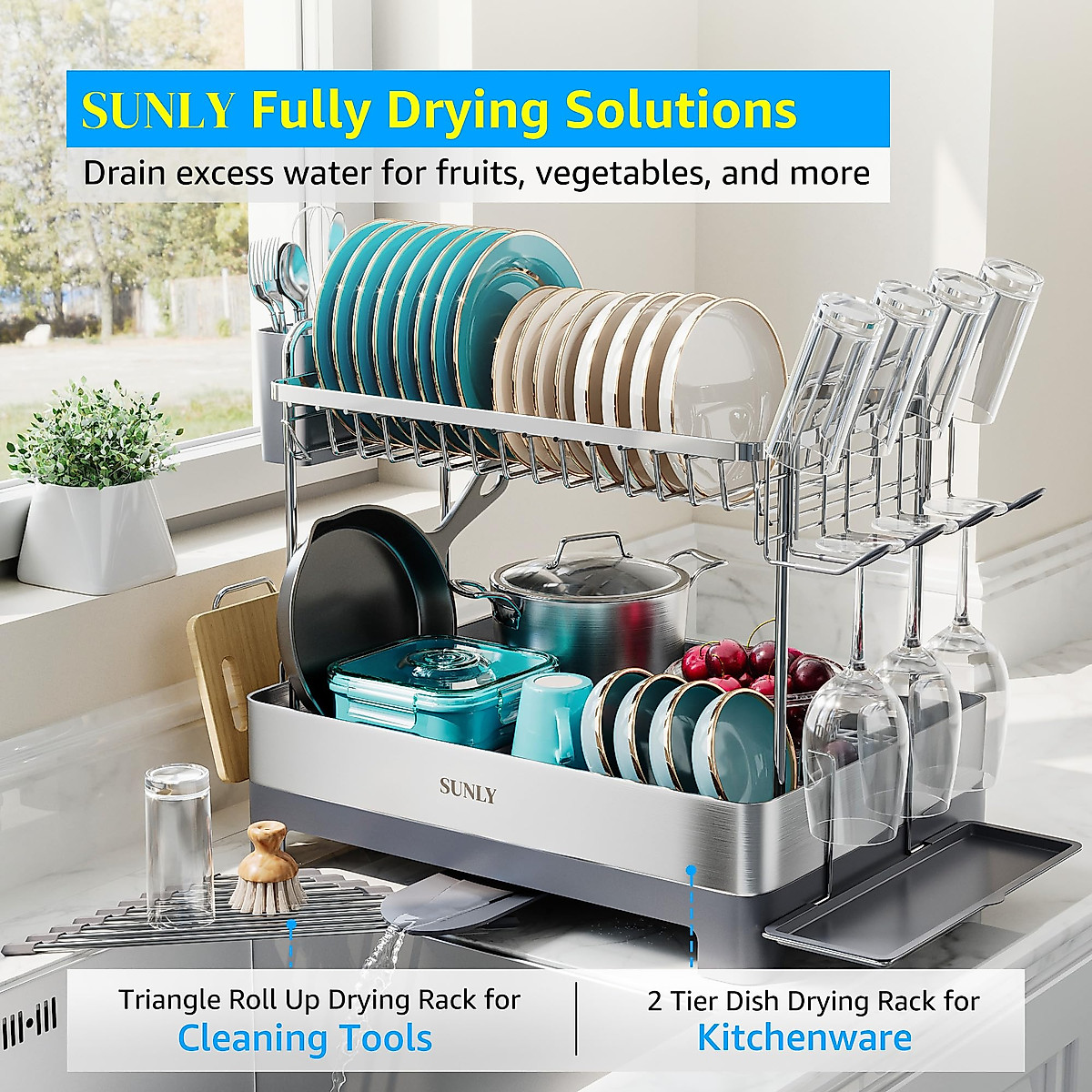SUNLY Large Dish Drying Rack, Dish Racks for Kitchen Counter, 304 Stainless Steel Kitchen Drying Rack, Multipurpose 2 Tier Dish Drying Rack, Extra Large Dish Dryer with Rotatable Spout, Gray