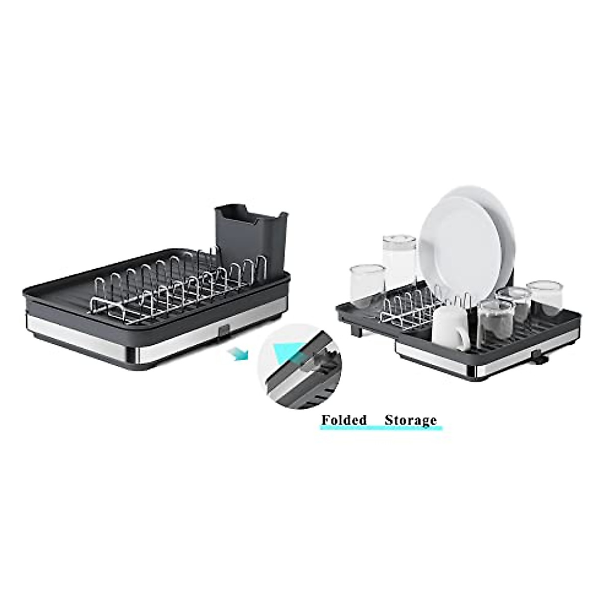 Alta by Auggie Chino Expandable Dish Drying Rack with Drainage Spout, Stainless Steel, Movable Utensil Drainer, (Black)