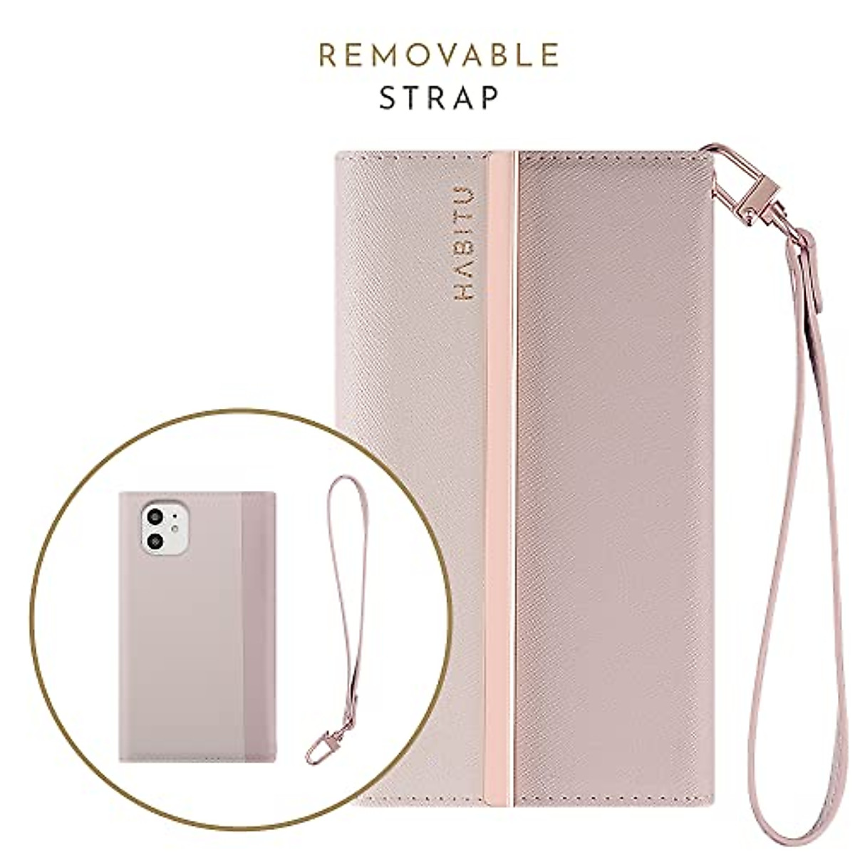 HABITU [Folio Collection 2022 Eris Tri-Fold Pink Wallet Case for iPhone XR/11, Detachable Vegan Leather Magnetic Folio with Card Pockets, Mirror & Strap for Women, for Women
