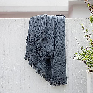 100% Cotton Waffle Blanket with Fringe, Pre-Washed Waffle Weave Blanket for All Season, Lightweight Breathable Soft Cozy Throw Blanket for Couch, Bed, Travel (Blue - 50x60 Inches)