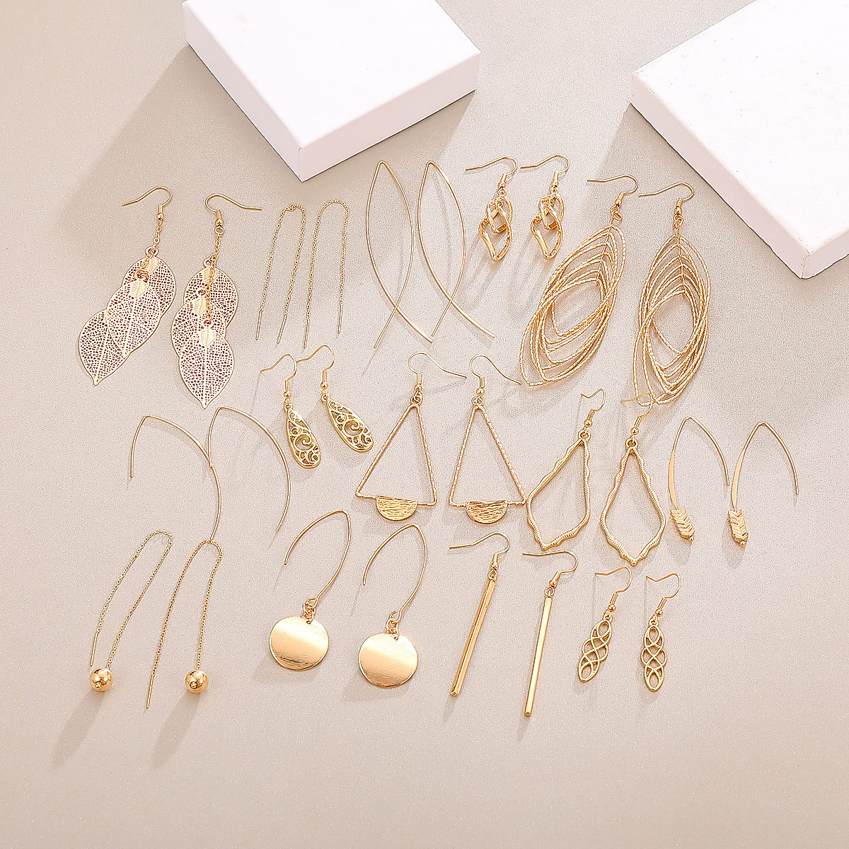 Aganippe 14 Pairs Gold Dangle Earrings for Women- Simple Drop Earrings Multipack-Curved Threader Dangle Earrings Set-Upside Down Hoop Earrings- Leaf Earrings