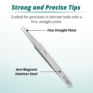 Excelta Ultra-Precision Tweezers, Straight Tapered Flat Point, Anti-Magnetic Stainless Steel, 4.75" Length, 0.059” Wide, Professional