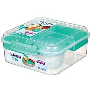 Sistema Bento Box Lunch Box with 3 Compartments, 2 Removable Trays, and Salad Dressing Container, Dishwasher Safe, Color May Vary