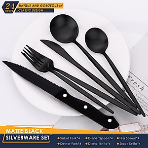 Stapava 24 Pieces Matte Black Silverware Set with Steak Knives, Stainless Steel Flatware Cutlery Set Service for 4, Utensils Sets for Home Restaurant, Satin Finished Polished & Dishwasher Safe