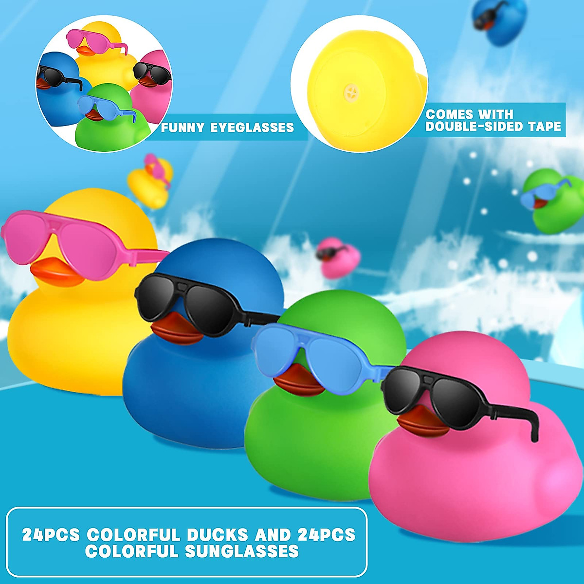 24 Pcs Mini Rubber Ducks with Sunglasses, Rubber Ducks in Bulk Valentine Duck Bathtub Toys for Cruise Valentines Kids Classroom Gift Exchange(Yellow, Blue, Pink, Black, Green, Eyeglasses)