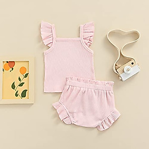 CIYCUIT Newborn Baby Girl Summer Clothes Ruffle Sleeveless Ribbed Top Bloomers Shorts Set Pink 0-3 Months