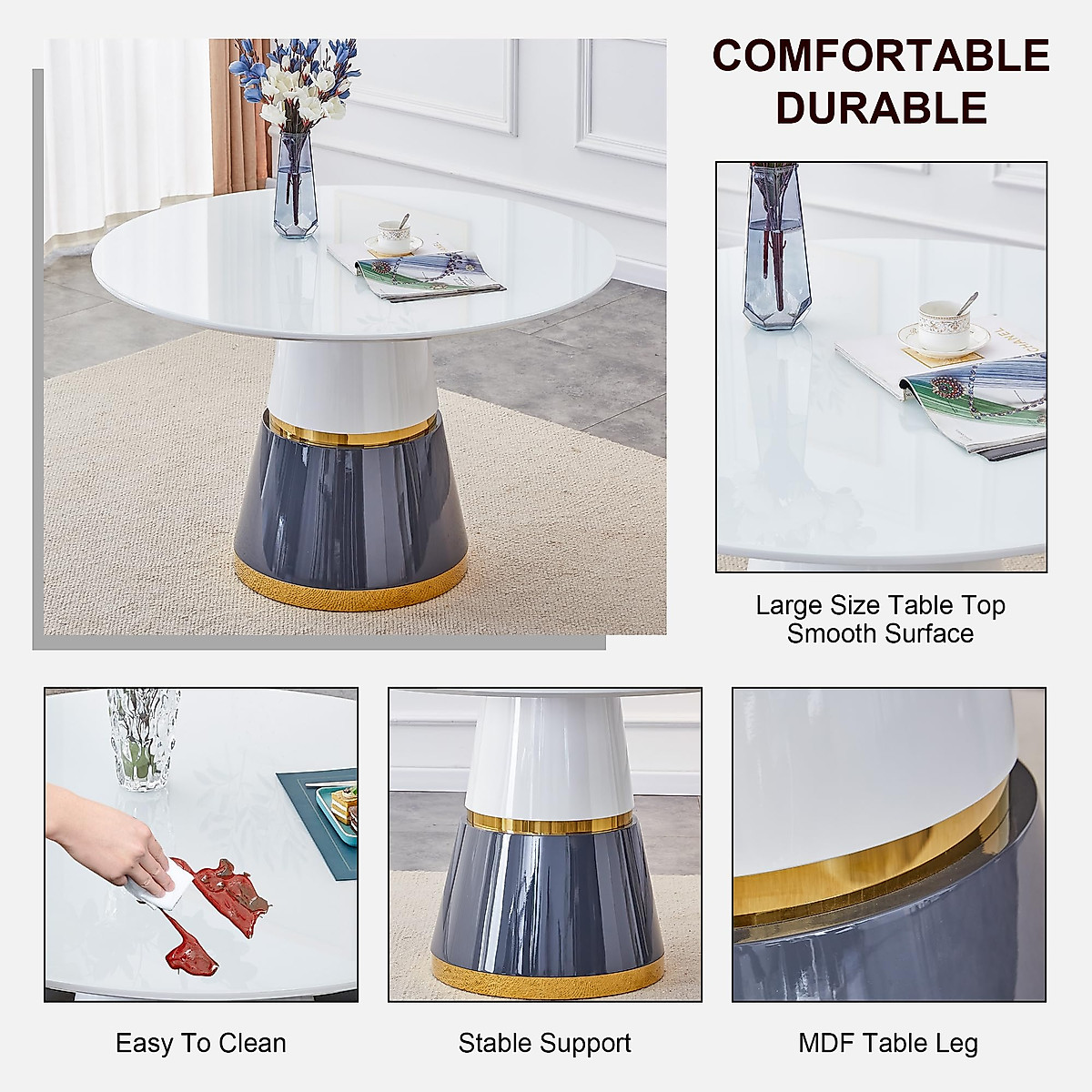 Modern 5-Piece Round Marble Dining Table with 4 Gray Upholstered PU Leather Dining Chairs Set, Circular Marble Texture Dining Table with Gold Pedestal and Printed Marble Top for Dining Kitchen