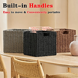 Vagusicc Storage Basket, Set of 2 Foldable Cube Hand-Woven Paper Rope Wicker Baskets 11 inches + Set of 3 Woven Paper Rope Wicker Handles Baskets for Storage with Liners