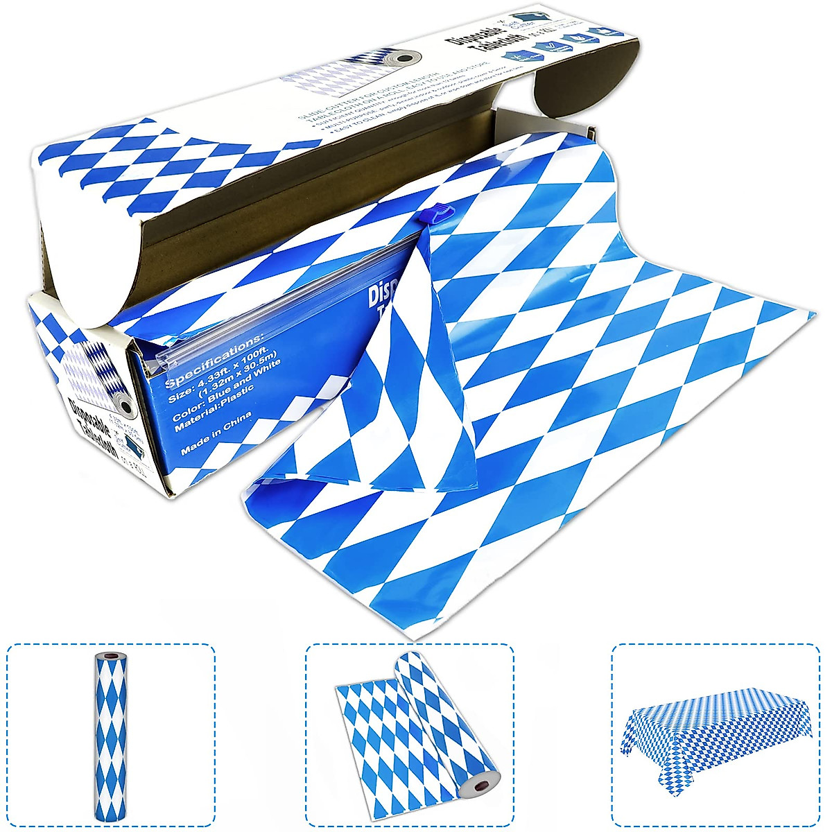 52 in x 100 Ft Oktoberfest Table Roll Party Accessory with Slide Cutter Plastic Table Cloth Roll Oktoberfest Bavarian Blue Diamonds Tablecover for German Themed Party Decorations