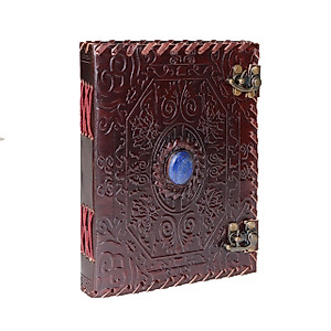 8" Leather Journal with string closure & stone Writing Pad Blank Notebook Handmade Notepad For Men & Women Unlined Paper Art Sketchbook Travel Diary To Write Book Of Shadows Refillable Grimoire Large