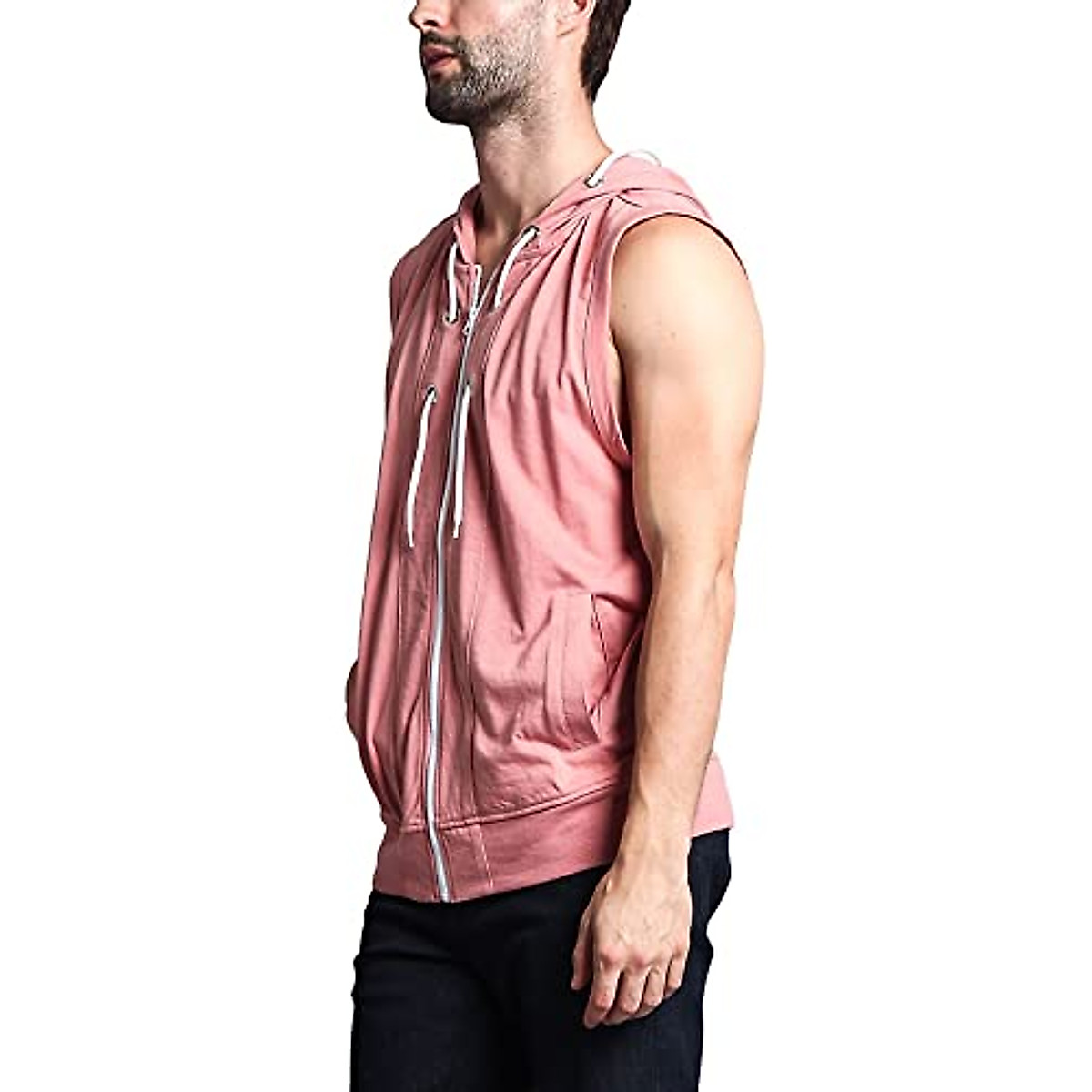 Victorious Men's Lightweight Athletic Casual Sleeveless Eyelet Drawstring Zipper Hoodie SL888 -Dirty Pink - 5X-Large - I8D