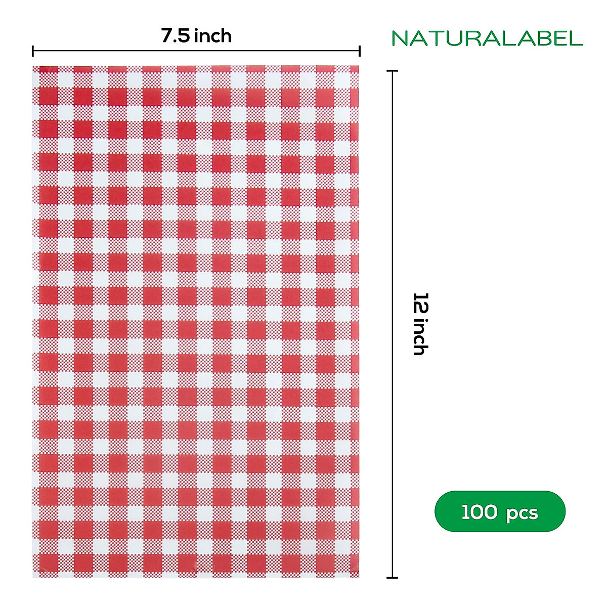 NATURALABEL 100 Pcs Wax Paper, 12" x 7.5" Red and White Checkered Greaseproof Paper,Wax Paper Sheets for Food,Rave Party BBQ Picnic Party Deli Paper