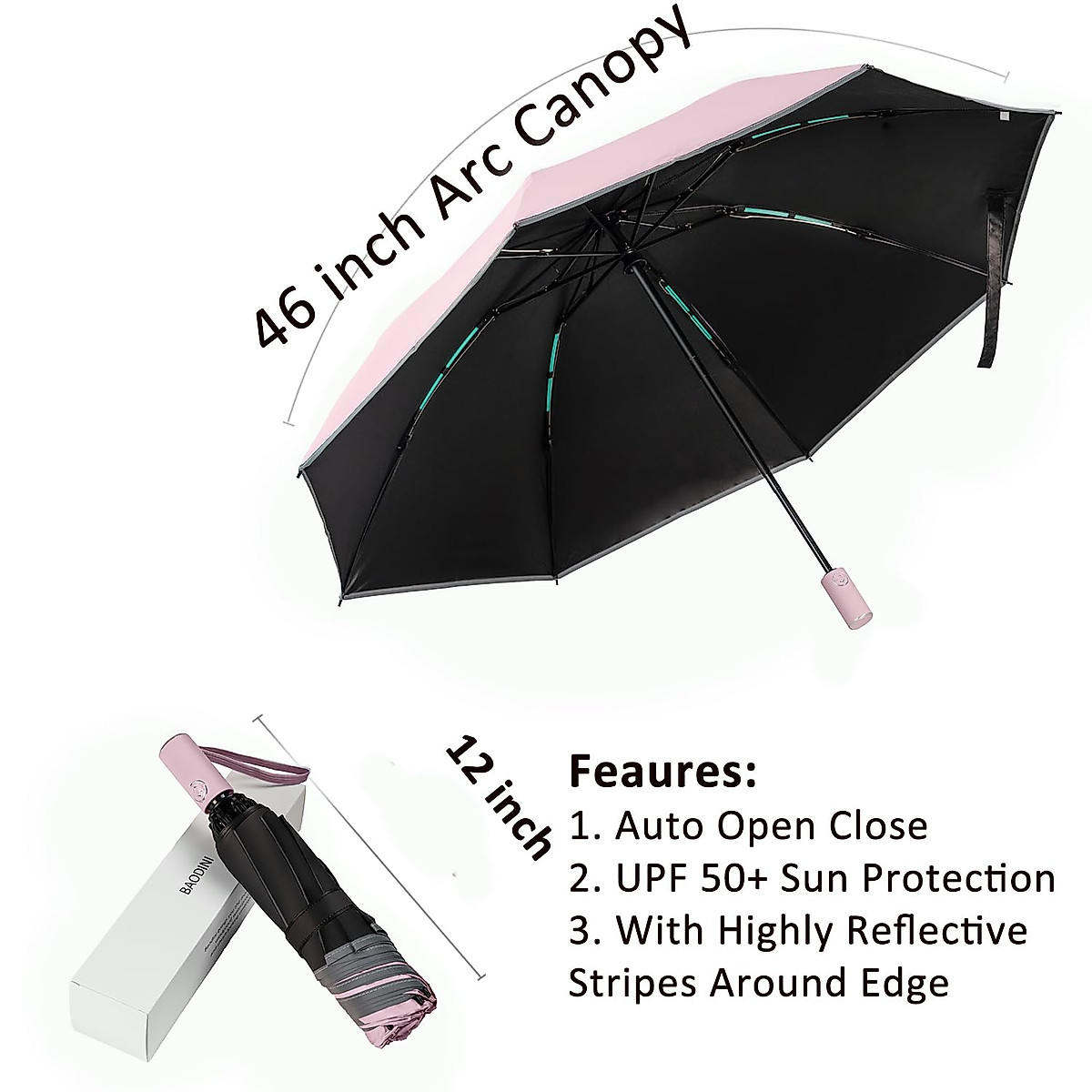 BAODINI Inverted UV Protection Umbrella for Rain and Sun Medium Size 46 inch arc Canopy UPF 50+ Rverse Compact Umbrella Auto Open Close for Travel